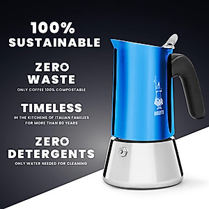 Bialetti New Venus Coffee Machine 6 Cups Anti-Burn Handle Not Induction 6 Cups (235 ml) Stainless Steel Blue