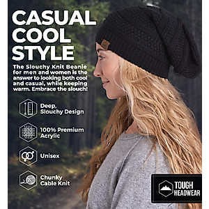 Slouchy Cable Knit Beanie by Tough Headwear - Chunky, Oversized Slouch Beanie Hats for Men & Women - Stay Warm & Stylish - Serious Beanies for Serious Style Black OSFA