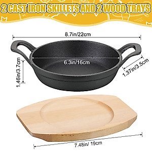 FoldTier 2 Set Small Cast Iron Skillets Mini Round Cast Iron Skillets Set 6.3 Inch 4.9 Inch Skillet Fajita Plate with Wooden Base Steak Skillet Dish Pan for Kitchen Restaurant Barbecue(6.3 Inches)