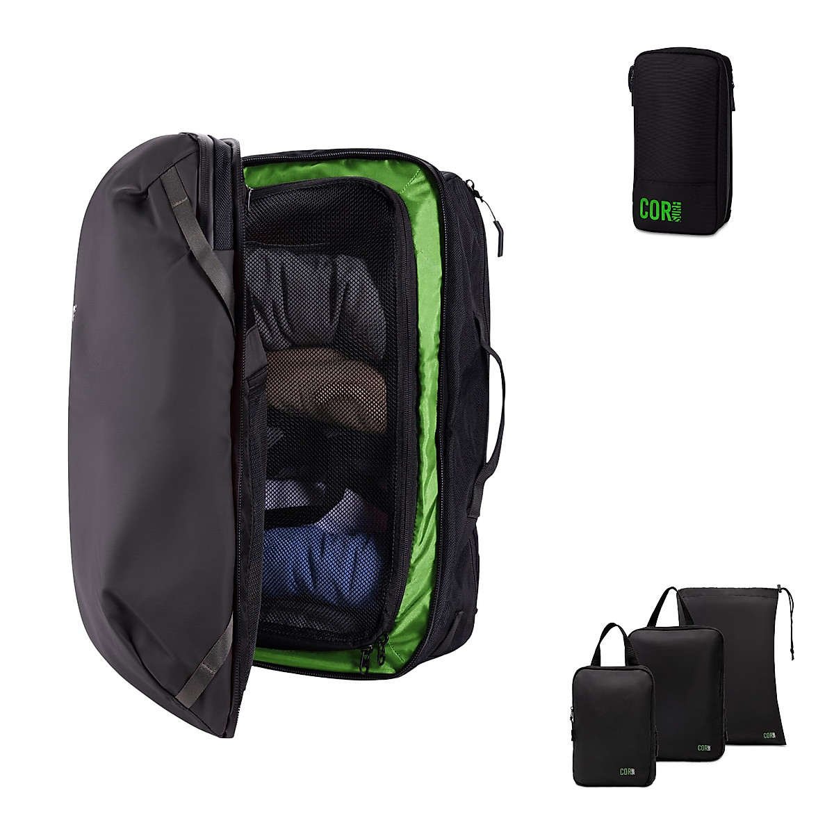 COR Surf Carry On Travel Backpack Bundle | Island Hopper Travel Backpack with Toiletry Bag and Compression Packing Cube Set (38L, Black)