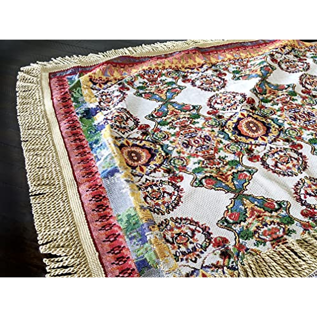 Tache Elegant Ornate Ivory Colorful Paisley Square Tapestry Table Cloth with Tassels, 35x35