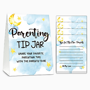 Baby Shower Games, Parenting Tip Jar Party Games(1 Standing Sign + 20 Advice Cards), Moon and Stars Advice Cards for New Parents, Sleepover Theme Baby Shower/Gender Reveal Party Favor Decor(A05)