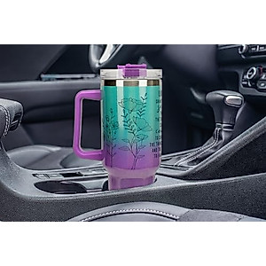 Elanze Designs Serenity Prayer Lord Grant Me Flowers 40 oz. Stainless Steel, Large Water Bottle Coffee Mug, Spill & Leak Resistant, Thermal Travel Tumbler with Handle, Lid & Straw, Teal/Purple
