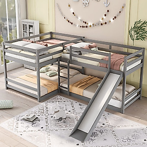 Quad Bunk Beds with Slide, L Shape Bunk Bed for 4, Full Over Full Bunk Bed & Twin Over Twin Bunk Bed, Wood Corner Bunk Beds for Kids Boys Girls Teens (4 Beds, Gray)