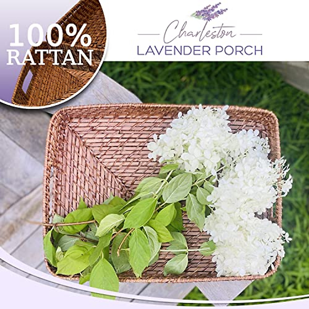 CHARLESTON LAVENDER PORCH Rattan Serving Tray Hand-Woven Rectangle with Handles | Naturally Beautiful Display for Breakfast, Snacks, Tea, Coffee Table or Ottoman | Genuine High Wall Wicker Basket