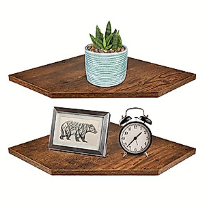 Homode Corner Shelf Wall Mount, Set of 2 Floating Corner Shelf Organizer for TV Accessories, Speaker, Cable Box, Game Console, Storage for Bathroom Kitchen Living Room Bedroom, Rustic Brown and Black