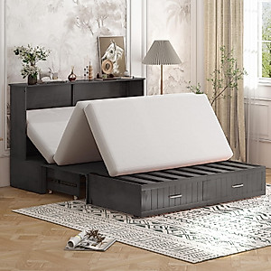 PUREMIND Murphy Bed Cabinet with Built-in Charging Station and Storage Drawer, Solid Wood Cabinet Bed Queen Size with Mattress, Murphy Cube Chest Bed for Guest Room, Home, Office,Gray