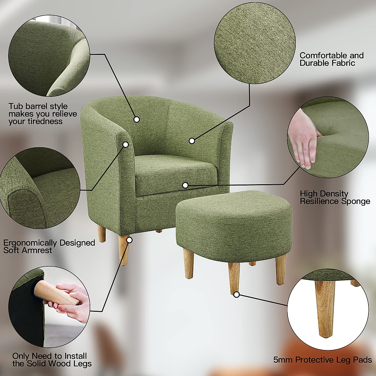 DAZONE Mid Century Modern Chair, Accent Chair Barrel with Ottoman Comfy Arm Footrest Set Comfortable Living Room Chairs Upholstered Round Club Tub Sofa for Bedroom Reading Green, Set of 1