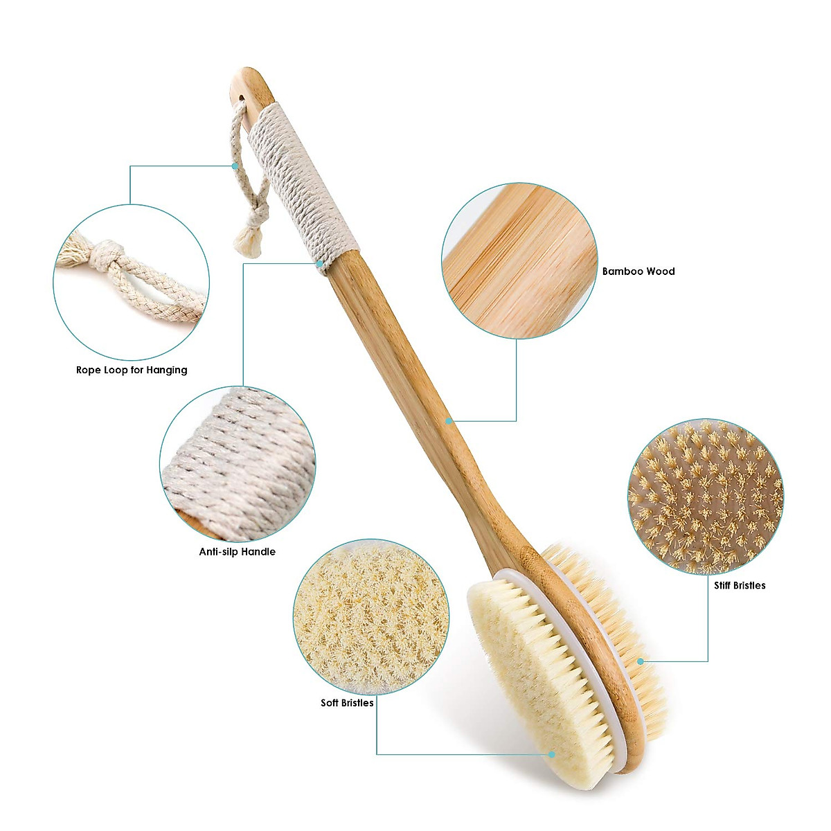VIS'V Shower Brush, Long Handle Wooden Shower Back Brush with Soft and Stiff Bristles Dual Sided Non Slip Back Scrubber Bath Body Exfoliator Brush for Wet or Dry Brushing with Sticky Hook