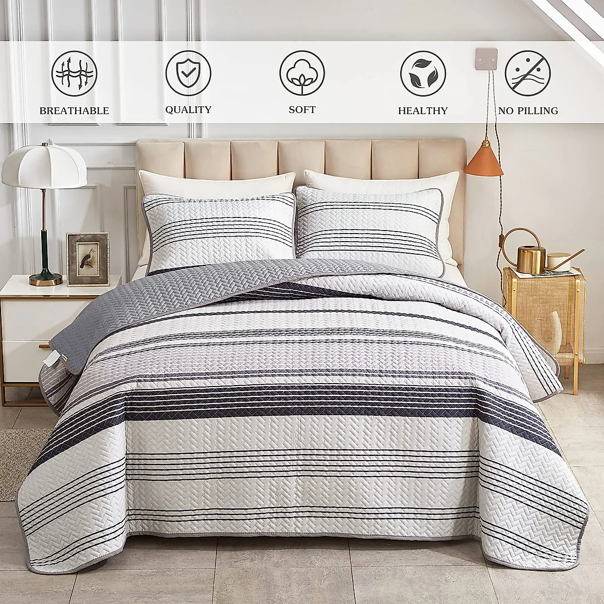 Flysheep Grey Boho Quilt Set Full Queen Size, 3 Pcs Gray Black and Navy Striped Bedspread, Soft Microfiber Modern Coverlet for All Season - 1 Quilt and 2 Pillow Shams