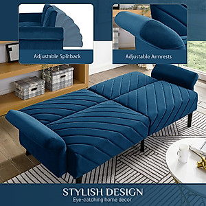 ONEMMLION 78" Futon Sofa Bed, Small Sofa, Loveseat, Convertible Futon Couch Adjustable Armrests and Backrests, Velvet Modern Tufted Sleeper Bed for Living Room, Bedroom, Blue