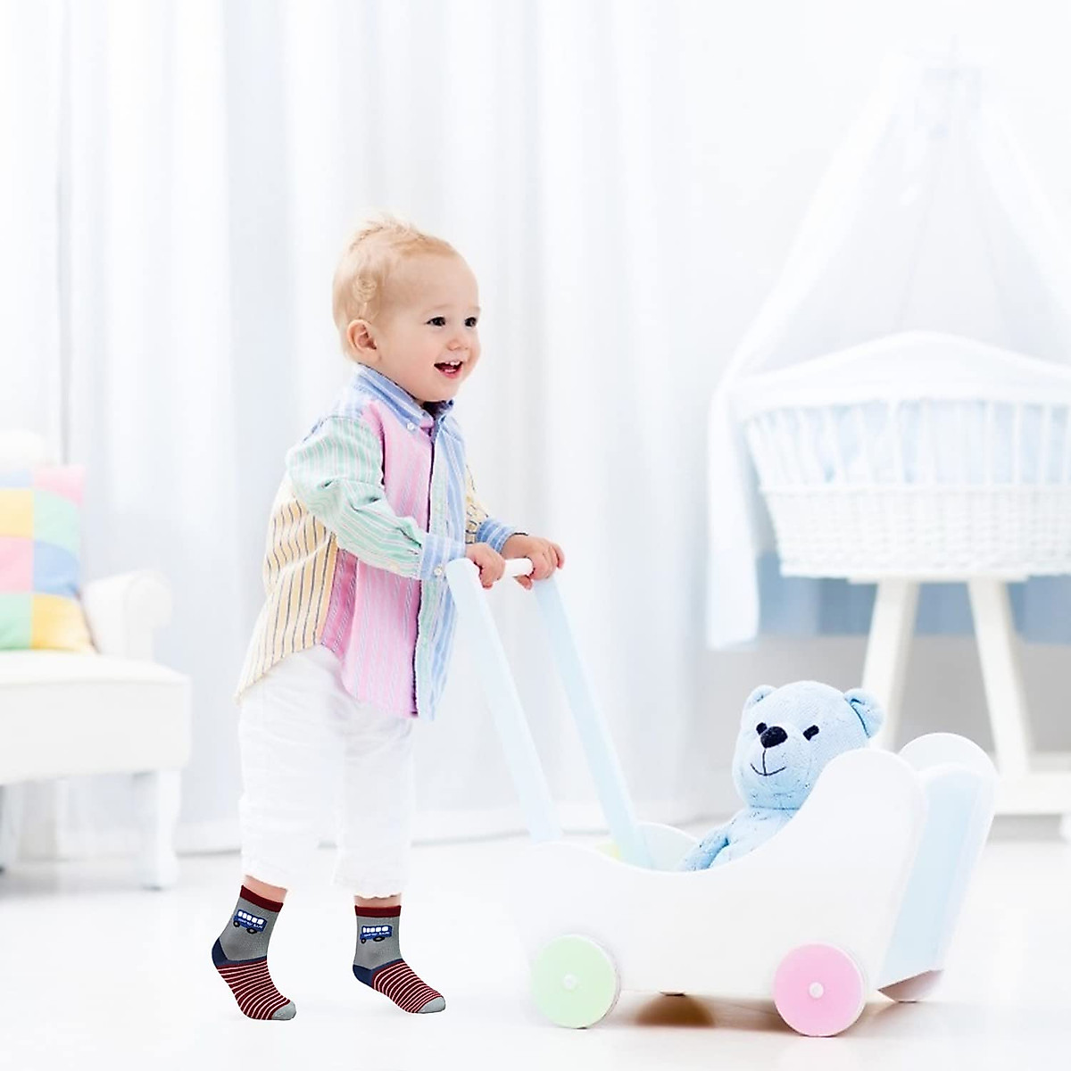 Tphon 12 Pairs Toddler Non Skid Socks with Grips Anti Slip Bottom, Cotton Non Slip Ankle Crew Socks for Boys, Girls, Kids(3-5Years)