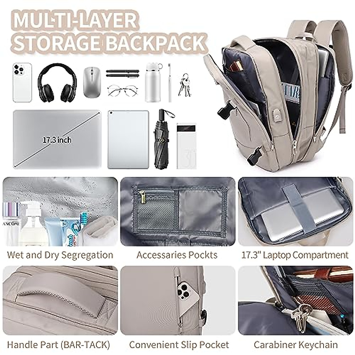 QOECI Waterproof Travel Backpack for Women Men, 44L Carry On Backpack with USB Charging Port, 17.3" Laptop Backpack, Personal Item Bag for Airlines Approved, Business Backpack Casual Daypack 1680D