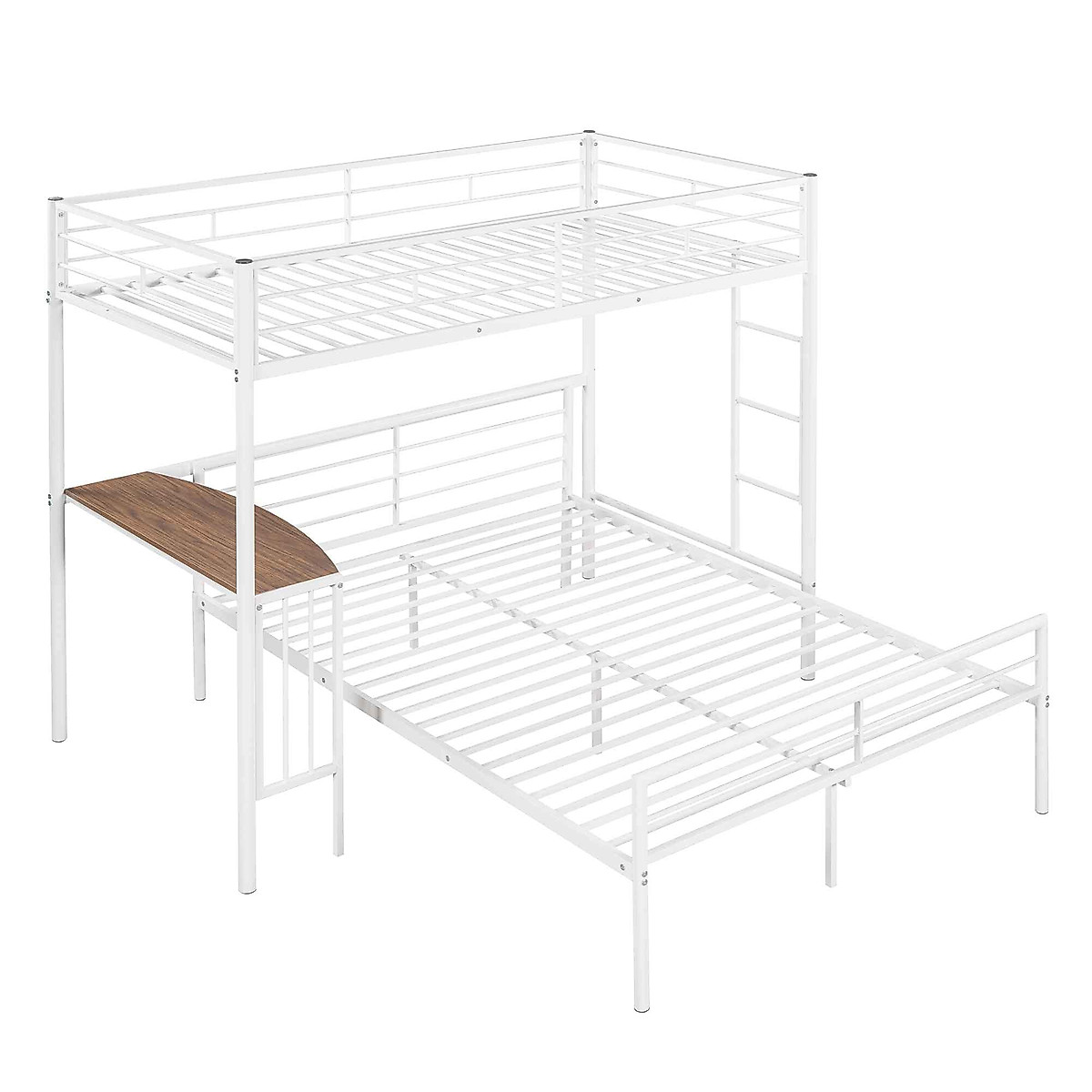 ATY Metal Bunk Beds Twin Over Full Size, L Shaped Steel Bedframe w/Desk & Built-in Ladder and Full-Length Guardrail, No Box Spring Needed, White