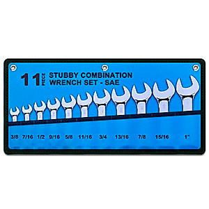 Premium Stubby Combination Wrench Set with Roll-up Pouch, 11-Piece, SAE, 3/8” to 1”, No Skipped Inch Size | Cr-V Steel, Mirror Polished Finish | Short Length and Slim Body, Perfect for Confined Areas