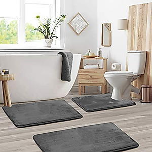 Clara Clark Bathroom Rugs Sets 3 Piece, Velvet Memory Foam Bath Mat - Non-Slip, Machine Washable Bath Rugs - Dries Quickly, Ultra Soft Bath Mats for Bathroom, Grey Bathroom Rug Set