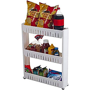 HomeRoots 3 Tier Slim Storage Cart with Wheels Mobile Shelving Unit Organizer Slide Out Storage Rolling Utility Organizer Rack for Kitchen Bathroom Laundry Narrow Places, White
