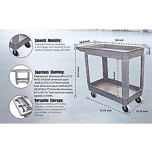 550lb Capacity Heavy Duty Plastic Utility Cart 40" L x 17-1/4" W with Handle 2 Shelves Pake Handling Tools