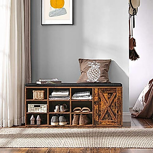 VASAGLE Storage Bench with Cupboard and 9 Open Compartments, Shoe Shelf, Padded Seat, Barn Door, 43.3″L x 11.8″W x 18.9″H (110 x 30 x 48 cm), Rustic Brown