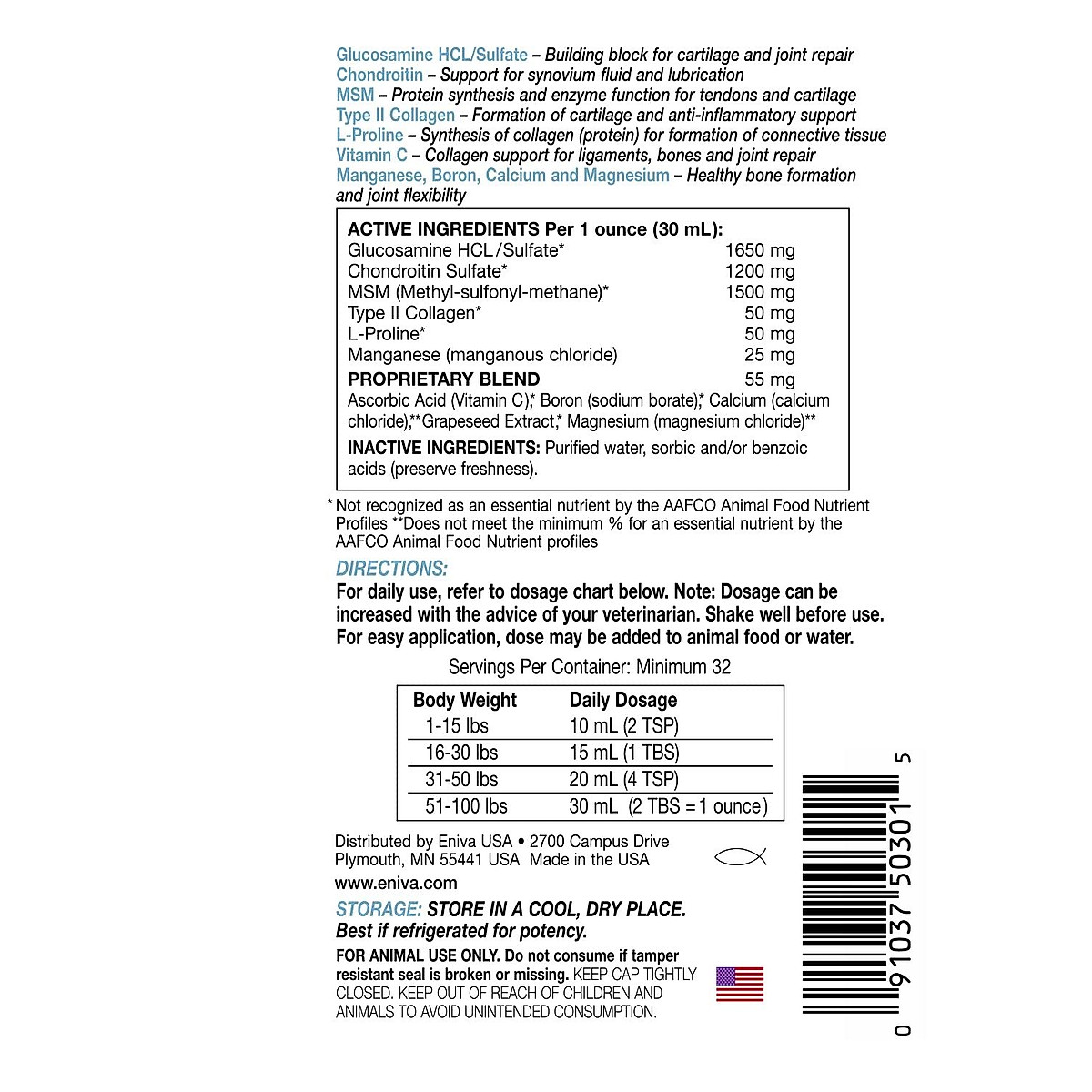 Liquid Glucosamine for All Dogs by Eniva | Hip, Joint, Bones & Teeth, Professional Extra Strength Liquid, Glucosamine, Chondroitin, MSM, Collagen, VIT C, Calcium, Antioxidants | USA Made– 32oz