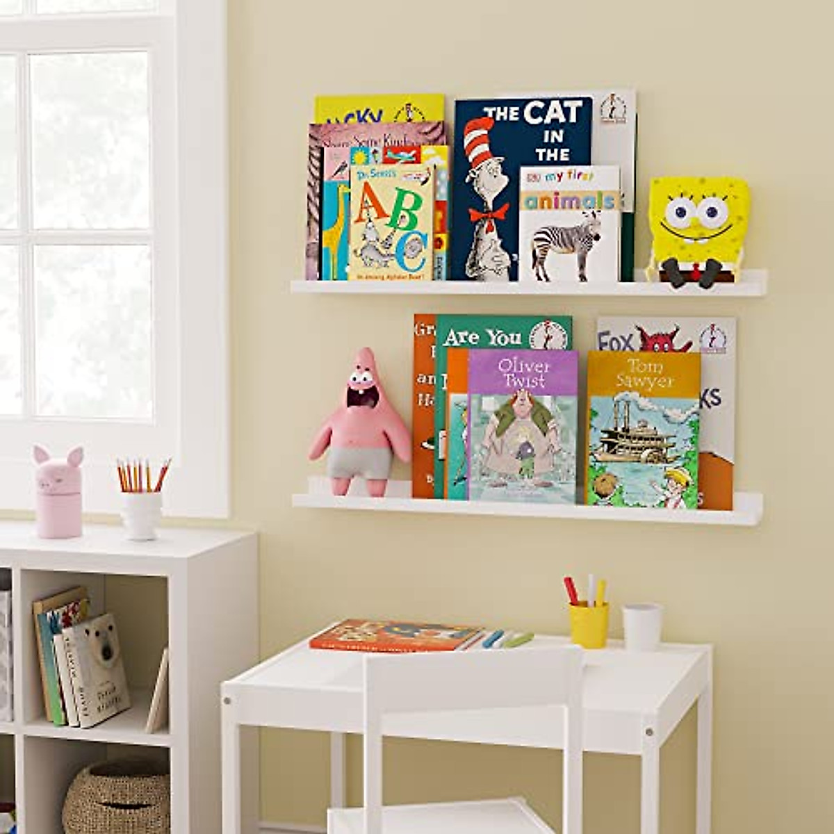 You Have Space Lagos Floating Bookshelf for Kids Room Decor, Picture Ledge Shelf for Living Room, Office, Kitchen, Bathroom, 30" White Wall Shelf Set of 2