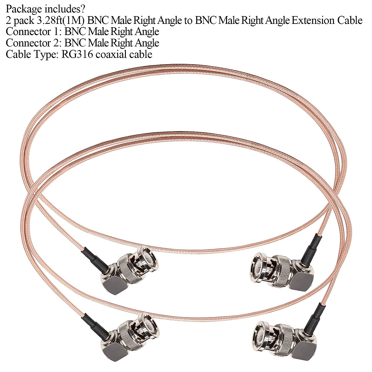 TUOLNK BNC Cable RG316 BNC Male Right Angle to BNC Male Right Angle Coaxial Cable for CCTV HD SDI Cable 3.28ft (1M) 50Ohm BNC Elbow 90 Degree Extension Cable 2 Pack