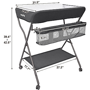 Baby Changing Table with Wheels, Maydolly Portable Adjustable Height Folding Diaper Station with Nursery Organizer & Storage Rack for Newborn Baby and Infant (Dark Grey)