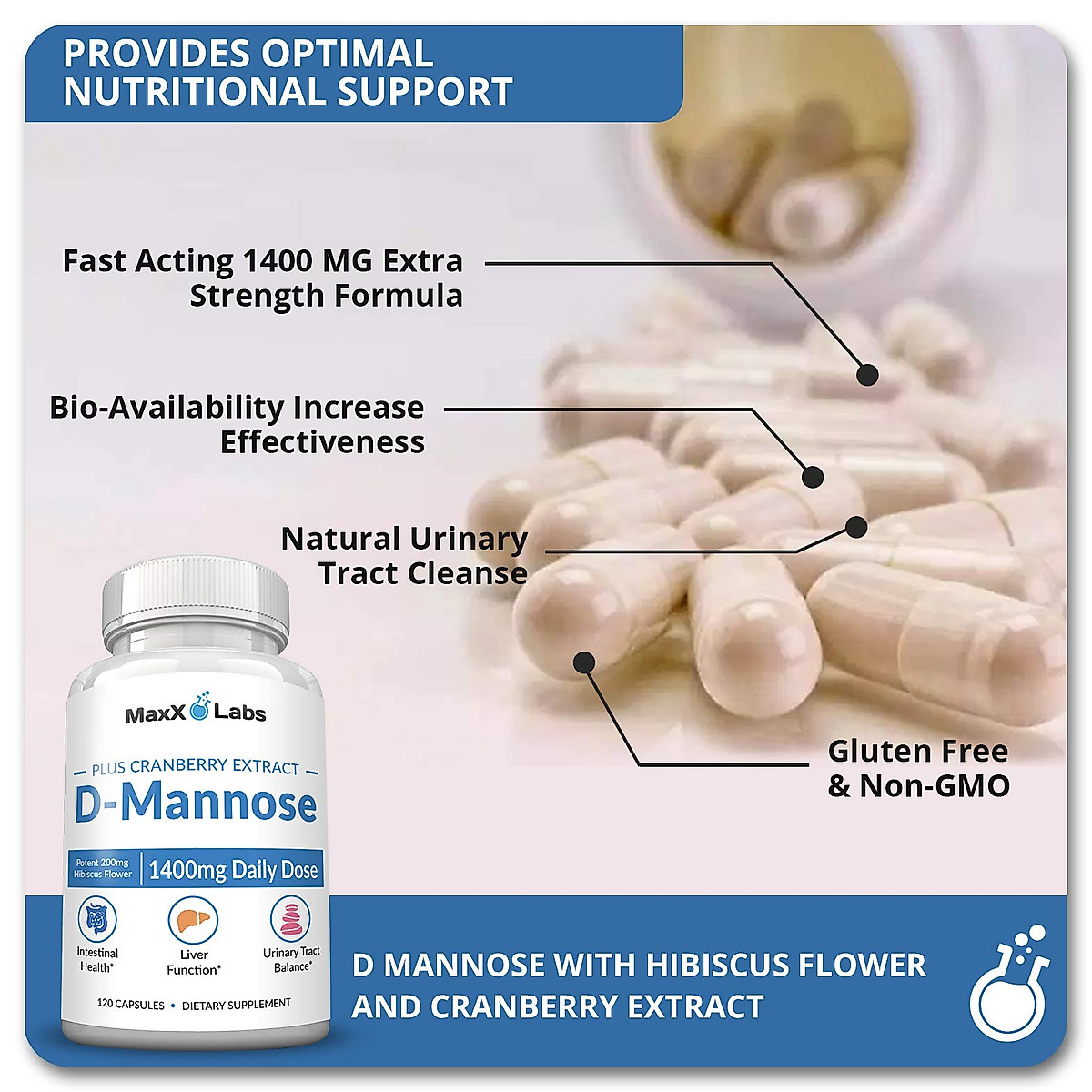 MaxX Labs D Mannose Capsules - Fast Acting 1400 MG Extra Strength DMannose Capsule for Bladder Health with Potent Cranberry Extract & Hibiscus Flower Supports UTI Relief Supplement - 120 Ct