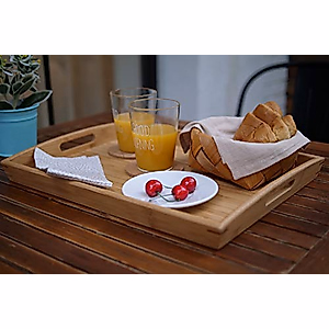 Joy&Grace 100% Bamboo Wood Butler Serving Tray with Handles - Breakfast/Coffee Table Tray, Decorative Ottoman Tray, Serving Platter for Party,17''×13''