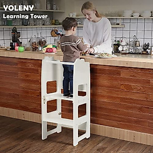 YOLENY Learning Tower Foldable, 2-in-1 Learning Helper Tower, Convertible Helper Tower, Tower with Chalkboard, Kitchen Helper Stool for Toddlers,White
