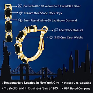 Gem Stone King 18K Yellow Gold Plated Silver Black Onyx and White Lab Grown Diamond Hoop Earrings For Women (3.43 Cttw Gemstone Birthstone, Oval 6X4MM and Round 2MM)