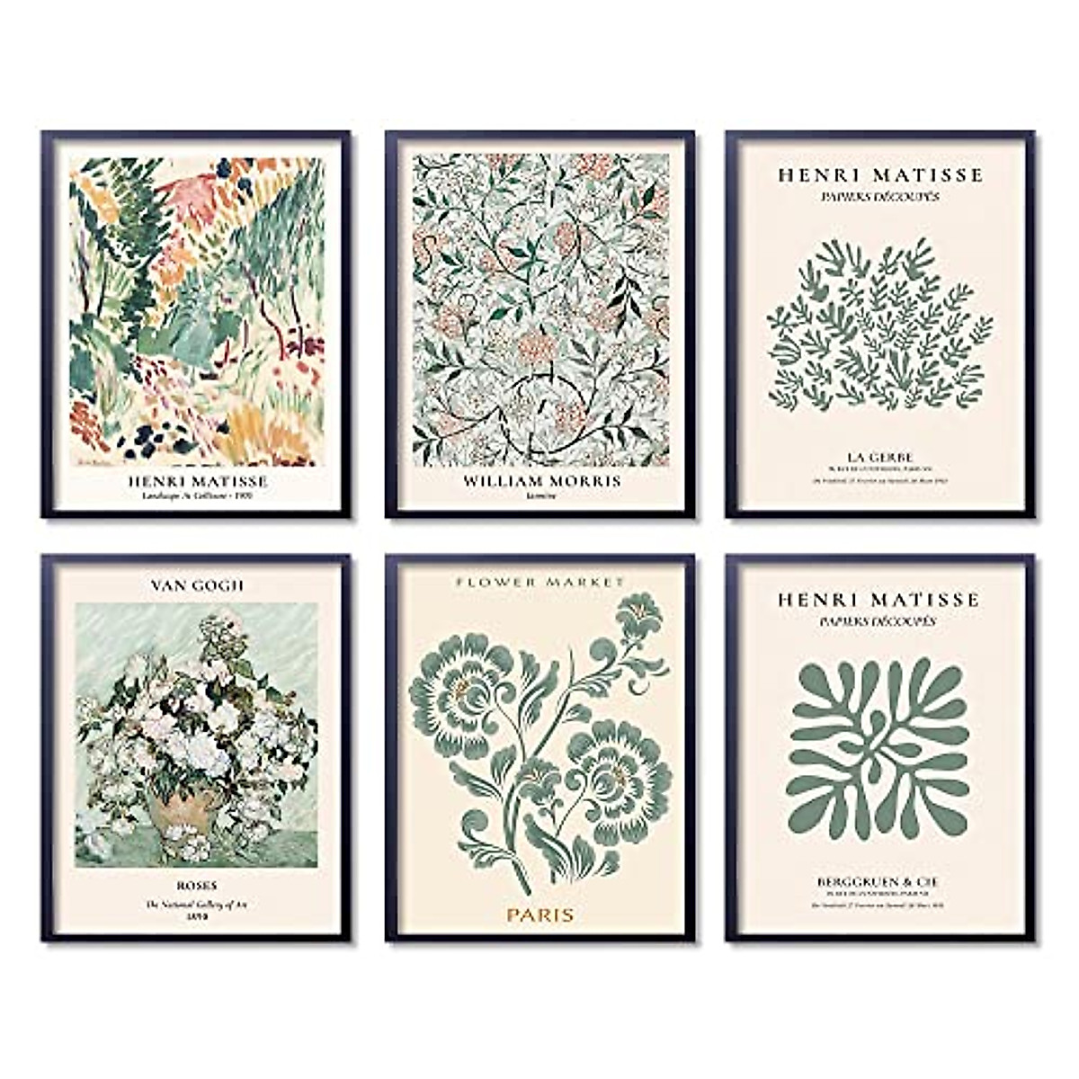 Green Gallery Flower Market Posters for Room Aesthetic Floral Set of 6 Famous Matisse William Morris Van Gogh Canvas Wall Art Botanical Plant Print Painting Danish Pastel Wall Decor 8x10in Unframed