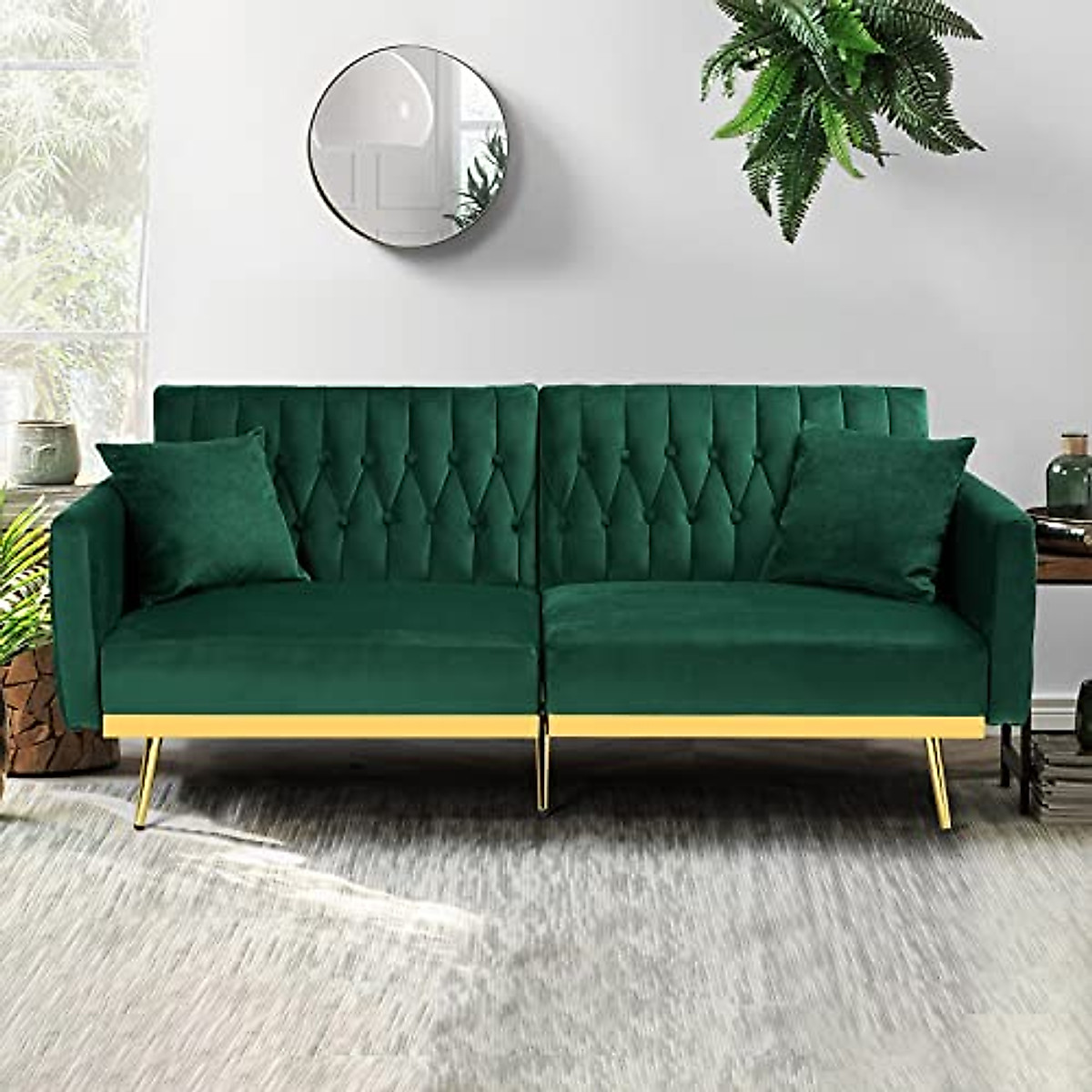 ACMEASE 70” Velvet Futon Sofa Bed w/Adjustable Backrests and Armrests, Convertible Futon Couch with Two Pillows, Modern Tufted Sleeper Bed for Living Room, Bedroom,Green