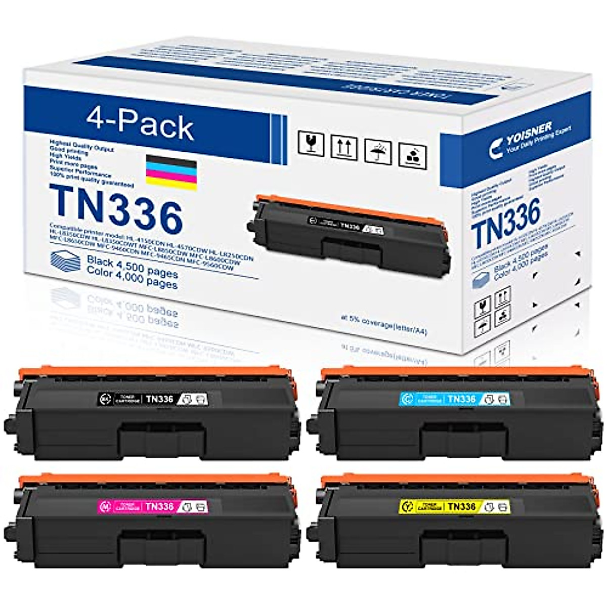 TN336 High Yield Toner Cartridge: 4-Pack TN336BK, TN336C, TN336M, TN336Y Replacement for Brother TN-336 for HL-L8350CDW HL-4150CDN MFC-L8850CDW MFC-9970CDW MFC-L8600CDW Printer