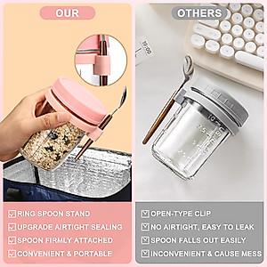 KAIZHOUZHOU 16oz Glass Mason Overnight Oats Jars, Cereal, Yogurt, Salad Lunch,Glass Overnight Oats Containers with Lids and Spoon, Container with Measurement Marks -(Yellow&Pink&White&Gray-4Pcs)