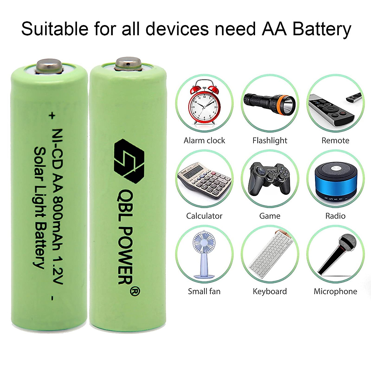 QBLPOWER Ni-CD AA 800mAh 1.2V Rechargeable Battery for Solar Outdoor Lights Lamp Garden Yard Lawn(8 Pieces)