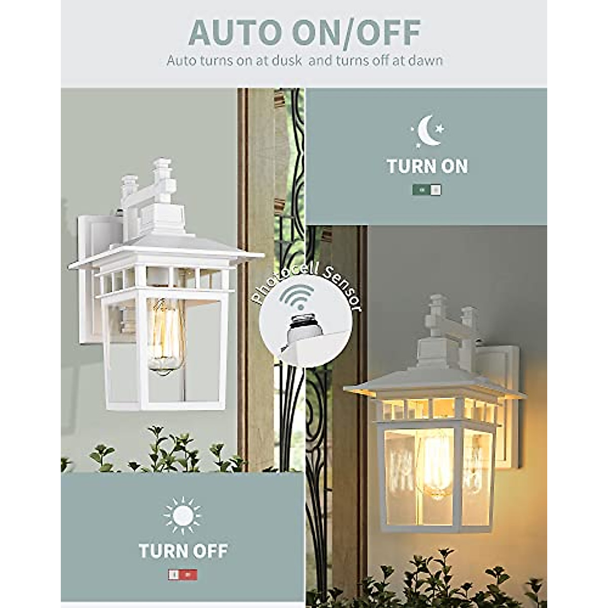 Beionxii White Exterior Light Fixture 2PK, Dusk to Dawn Outdoor Lighting with Cast Aluminum Housing, Outdoor Front Porch Lights for House Coach Garage, DM9244W-TWH