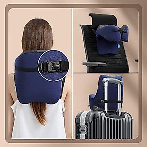 TripGood Neck Pillow for Travel - Extra Upper Back Support - Back Buckle Strap - Large(16.7" Neck Circumference) - Memory Foam - Blue