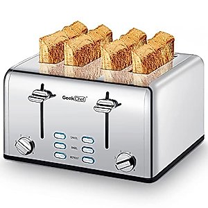 Geek Chef 4 Slice toaster, Best Rated Prime Retro Bagel Toaster with 6 Bread Shade Settings, 4 Extra Wide Slots, Defrost/Bagel/Cancel Function, Removable Crumb Tray, Stainless Steel Toaster (4 slice stainless steel （classic）)
