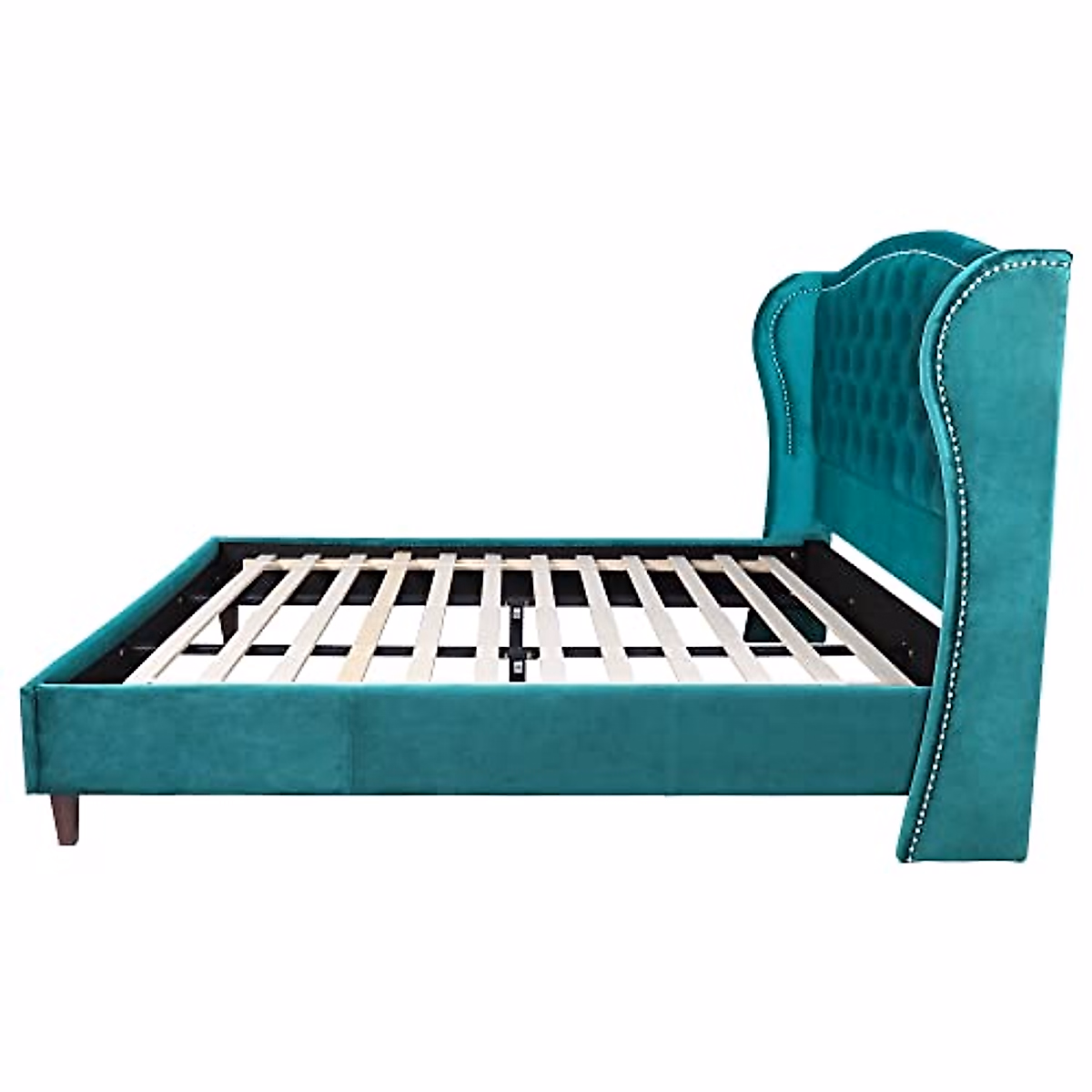 QHITTY Queen Size Bed Frame, Modern Velvet Button Tufted Upholstered Platform Bed with Nailhead Trim Headboard, Wood Slat Support, Easy Assembly, No Box Spring Needed