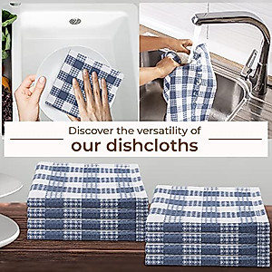Urban Villa Cotton Dish Cloth Set of 8, Waffle Kitchen Cloth Highly Absorbent Super Soft 12x12 Inch Dish Cloths for Kitchen Cleaning & Drying Dishes Mitered Corner Dish Towels - Blue White, Checks