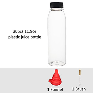 BPFY 30 Pack 12 oz Empty Plastic Juice Bottles with Caps Reusable Clear Beverage Containers with Black Tamper Evident Lids, Brush, Funnel for Juice, Milk, Water, Coffee