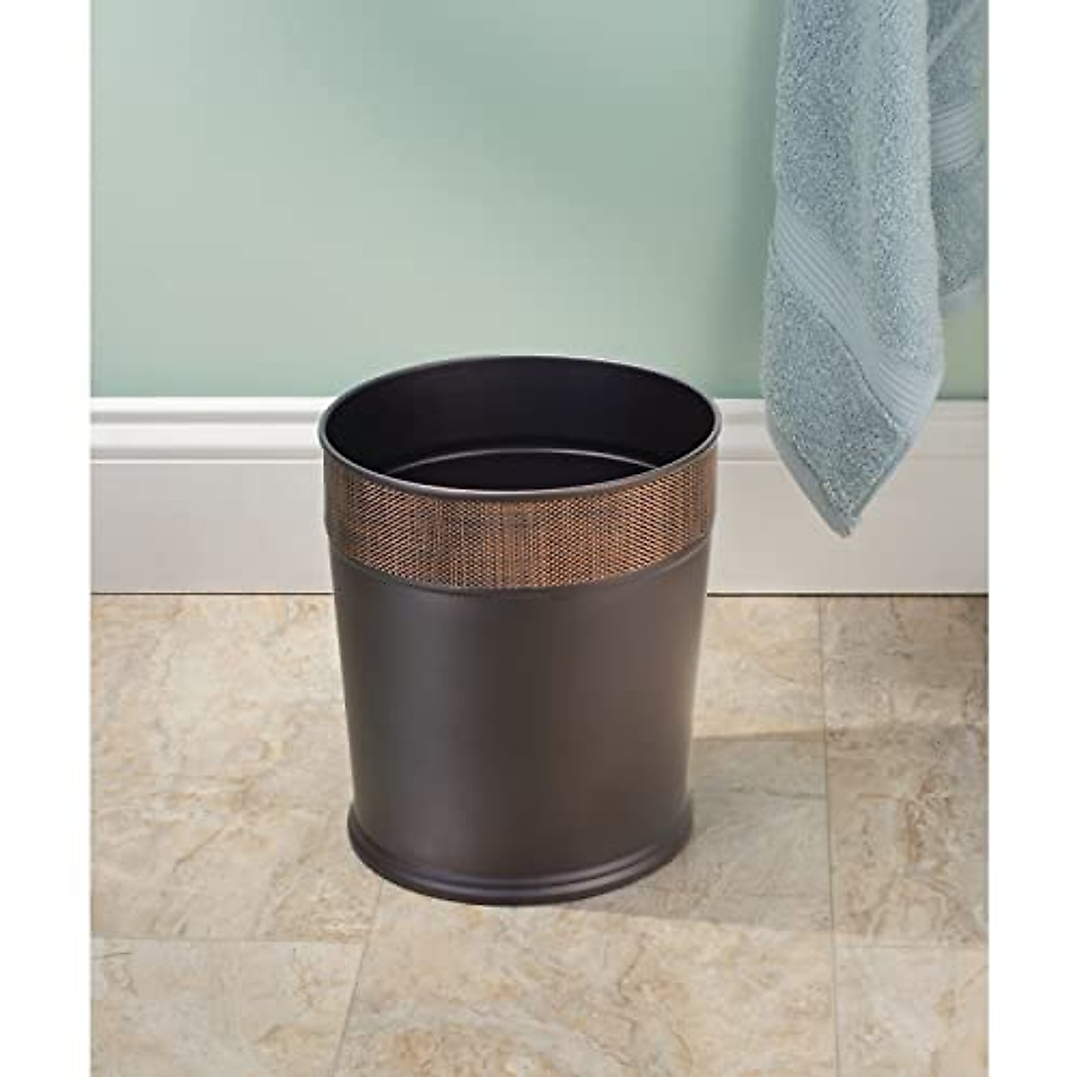 mDesign Decorative Round Small Trash Can Wastebasket, Garbage Container Bin for Bathrooms, Powder Rooms, Kitchens, Home Offices - Steel in Bronze Finish with Woven Textured Accent