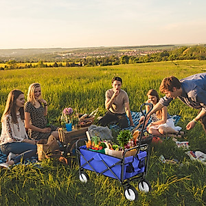 Arlopu Collapsible Folding Wagon Cart, Outdoor Park Utility Garden Wagon with 2 Cup Holders, Heavy Duty Portable Picnic Camping Cart for Shopping, Sport, Beach, Camping, Grocery, 150 LBS (Blue)