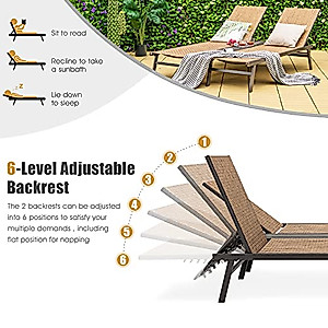 Tangkula Double Patio Chaise Lounge, All Weather-Proof Heavy Duty 6 Position Adjustable Breathable Fabric Outdoor Bed Lounger with Cup Holder, for Poolside, Backyard, Pool, Lawn