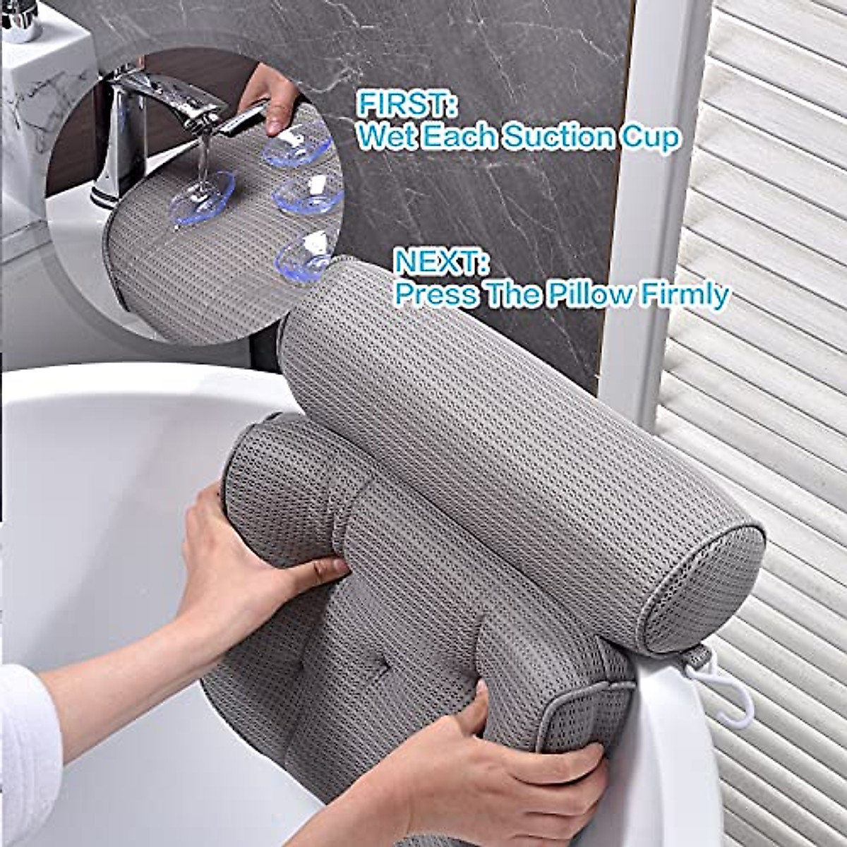 OMYSTYLE Bath Pillows for Tub, Bathtub Pillows with Soft 5D Air Mesh & 5 Large Suction Cups, Quick Dry Spa Bath Pillow for Neck, Head, Shoulder and Back Support - Soft, Non-Slip, Extra Thick | Gray