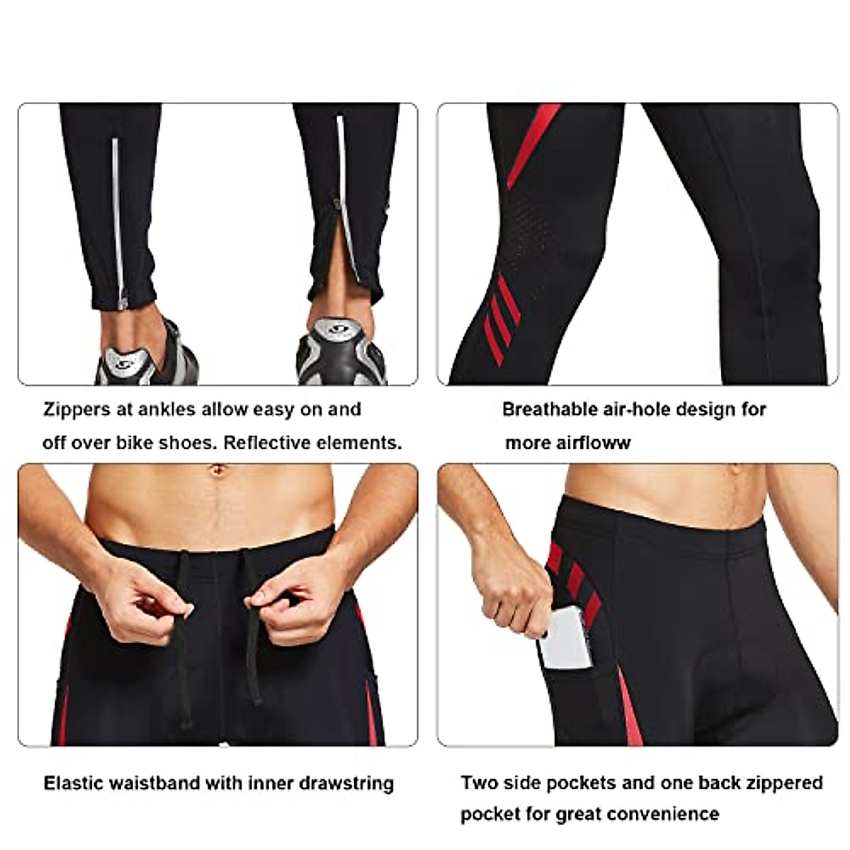 BALEAF Men's Bike Cycling Pants 4D Padded Bicycle Tights MTB Riding Leggings Zipper Pockets Quick Dry Red XL