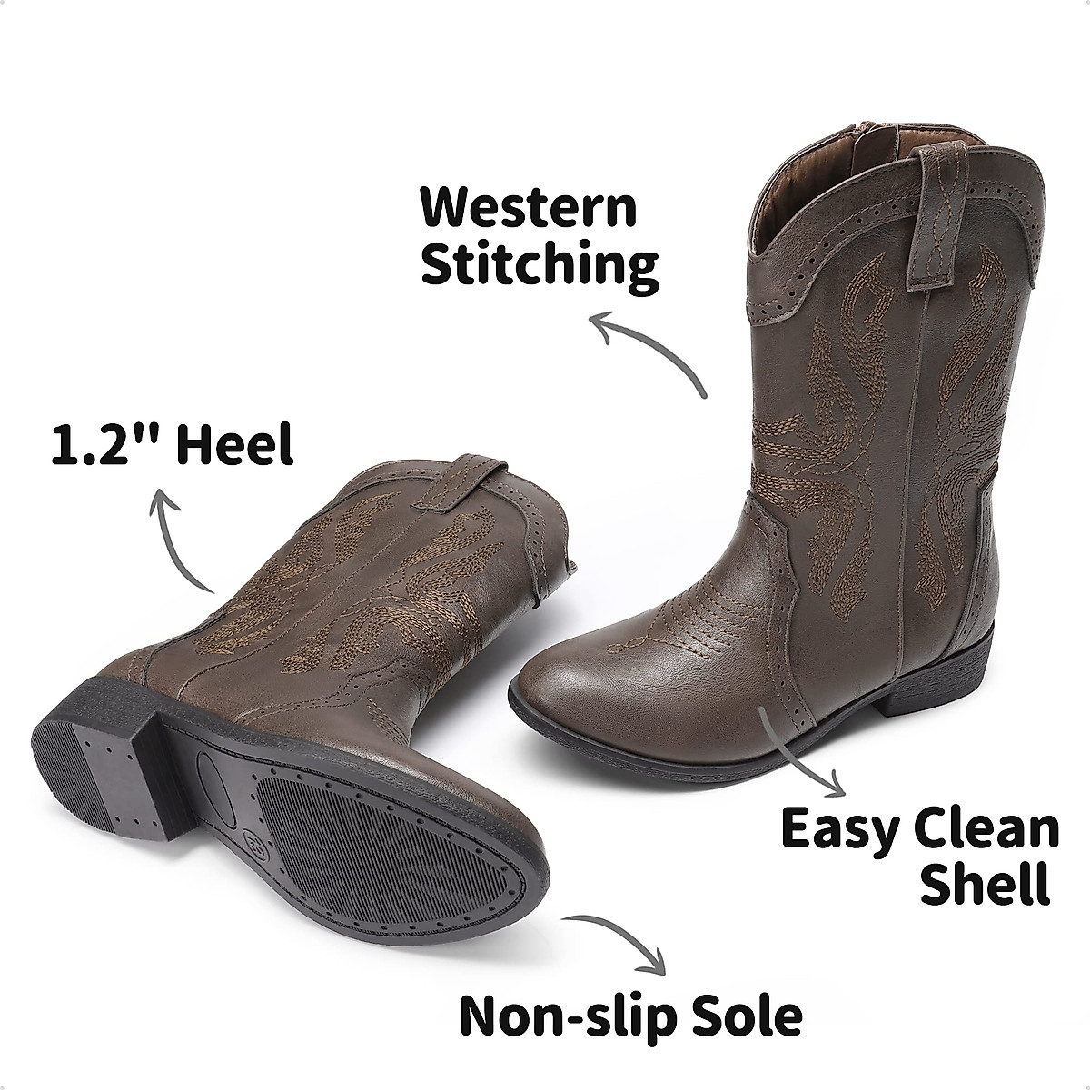 DREAM PAIRS Cowgirl Boots for Girls Boys Cowboy Boots Kids Western Embroidered Mid Calf Riding Shoes with Walking Heel Toddler/Little Kid/Big Kid,Size 4 Big Kid,Brown,SDBO2222K
