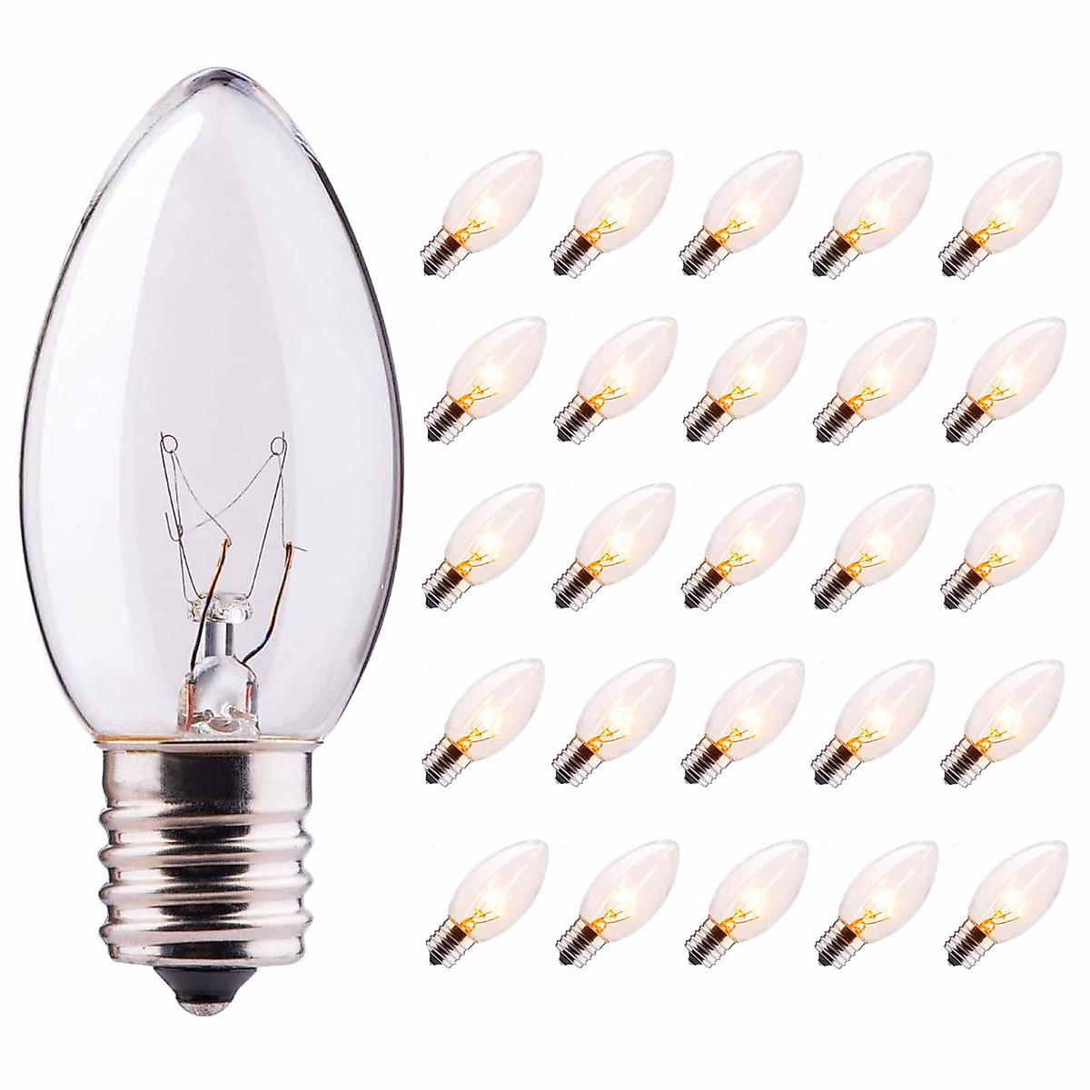 SUNSGNE 25 Pack C9 Clear Replacement Bulbs, C9 Christmas Light Bulbs Clear Incandescent Bulbs for Christmas Vintage String Light, E17 Intermediate Base, 7 Watt, Clear