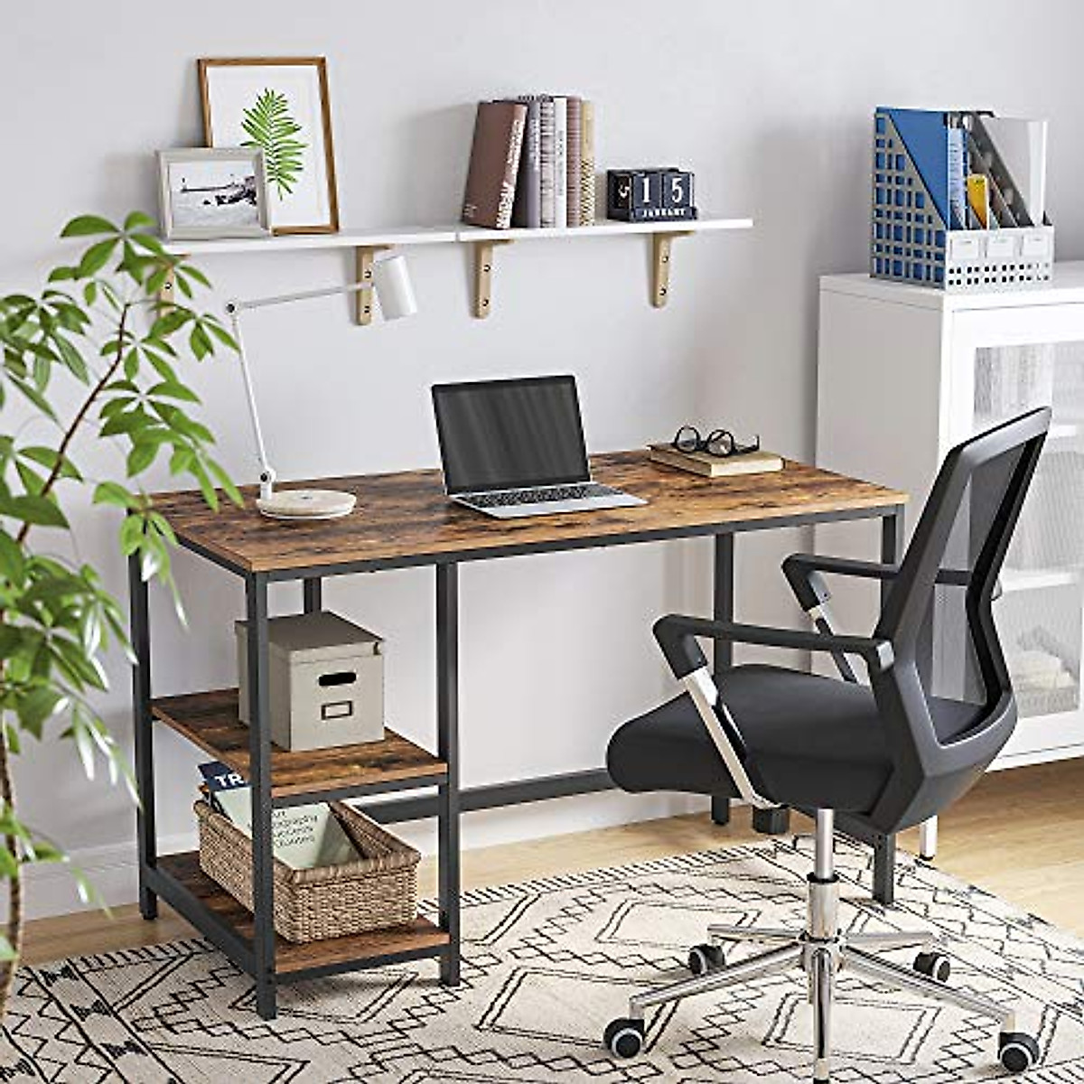 VASAGLE ALINRU Computer Desk, 47.2-Inch Wide Home Office Desk for Study, Writing Desk with 2 Shelves on Left or Right, Steel Frame, Industrial, Rustic Brown and Black ULWD47X